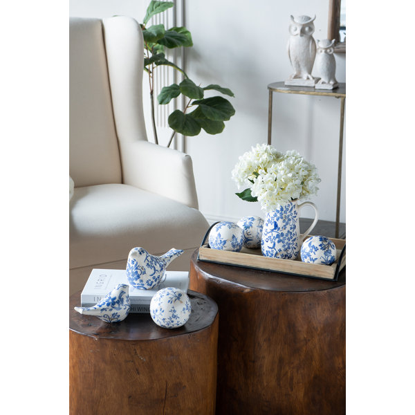 Winston Porter Blue and White Ceramic Decor Balls with Floral Patterns - Set of 4 - 4x4x3.5 ...